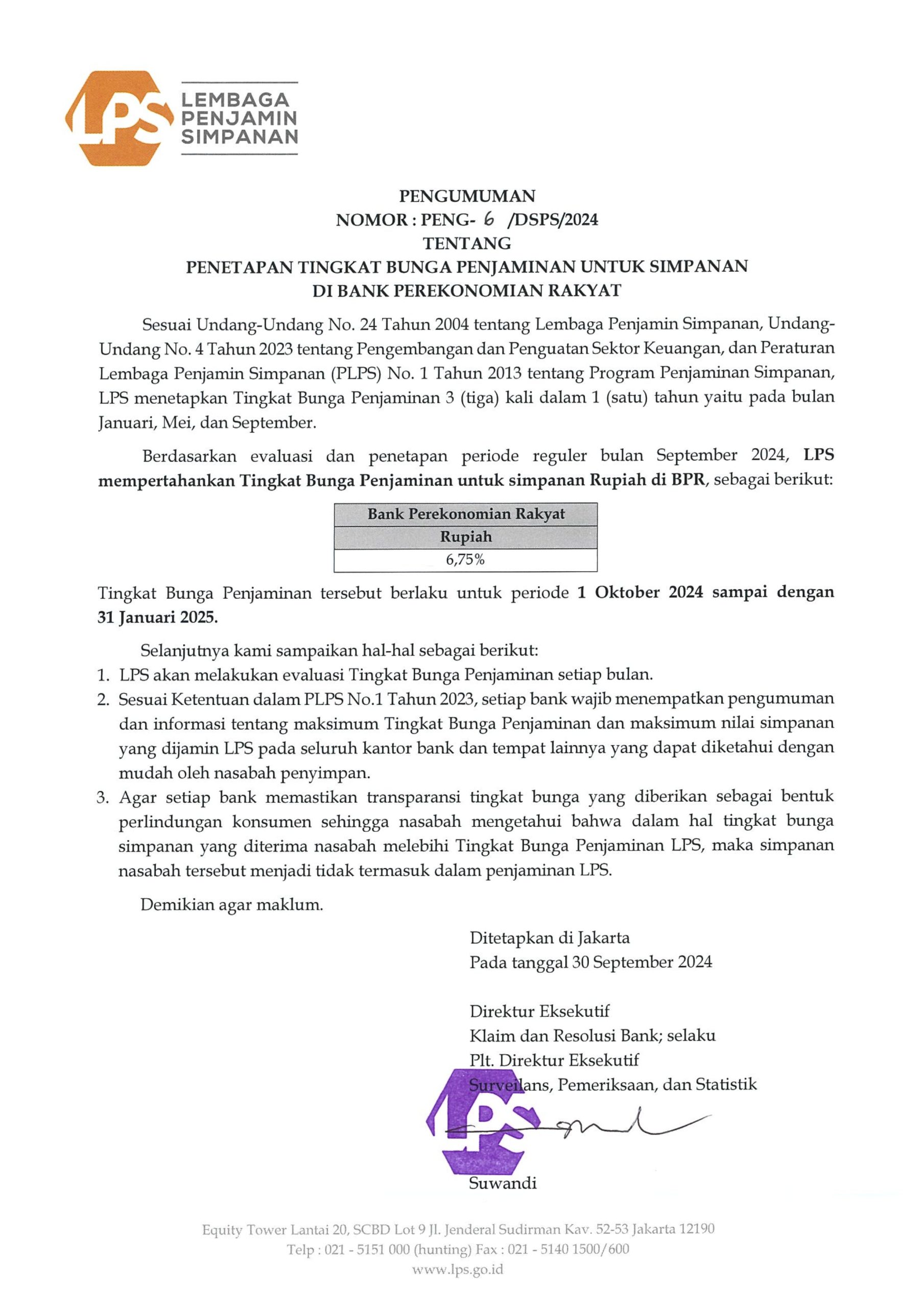 Tingkat Suku Bunga LPS 01 Okt 2024 – BPR ADJI CAKA